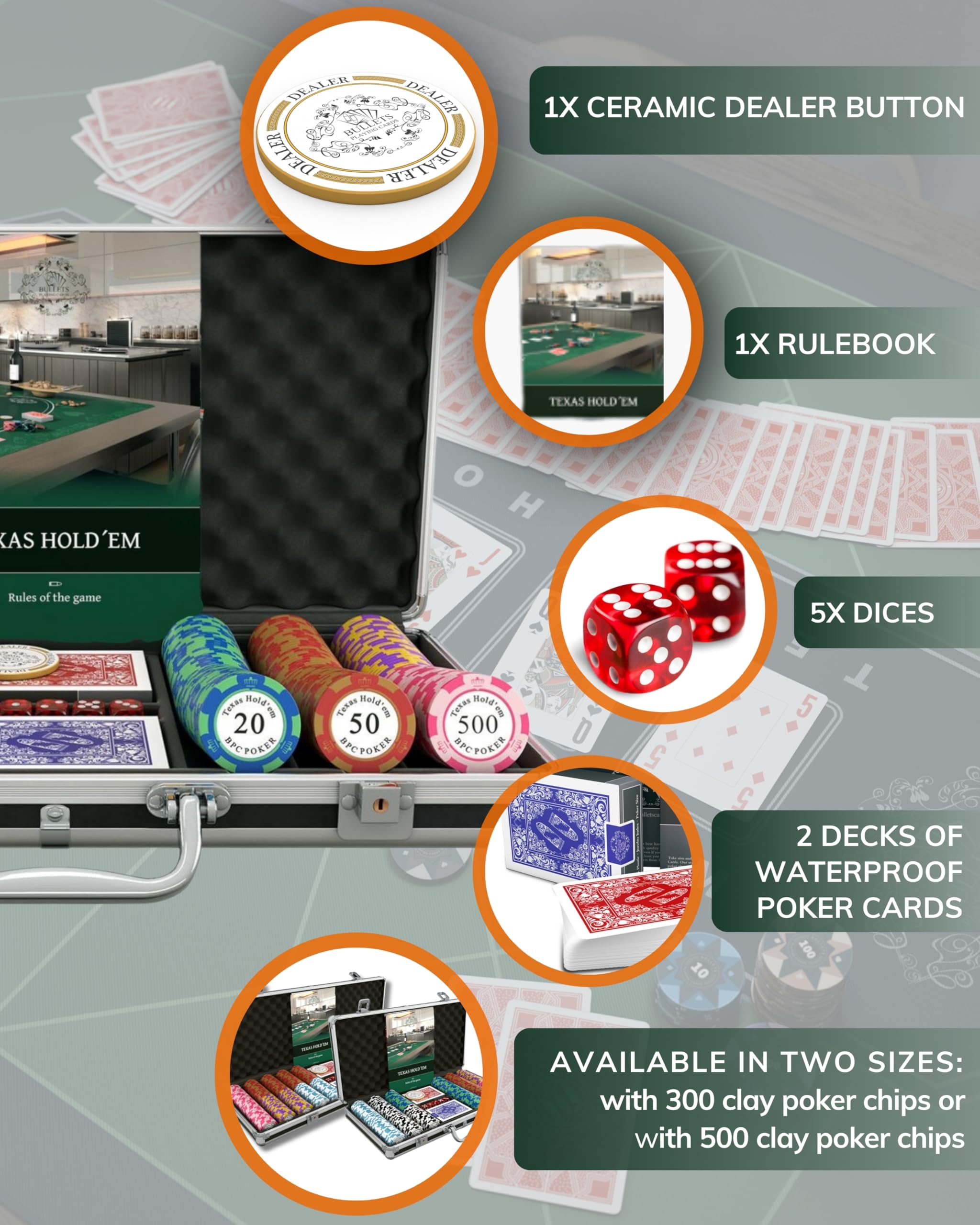 Bullets Poker Set with Designer Case Carmela β Deluxe Set, Chips and Cards, Rules Manual, Dealer Button and Bullets Plastic Playing Cards β Comes with a Case, 300 Clay Poker Chips.