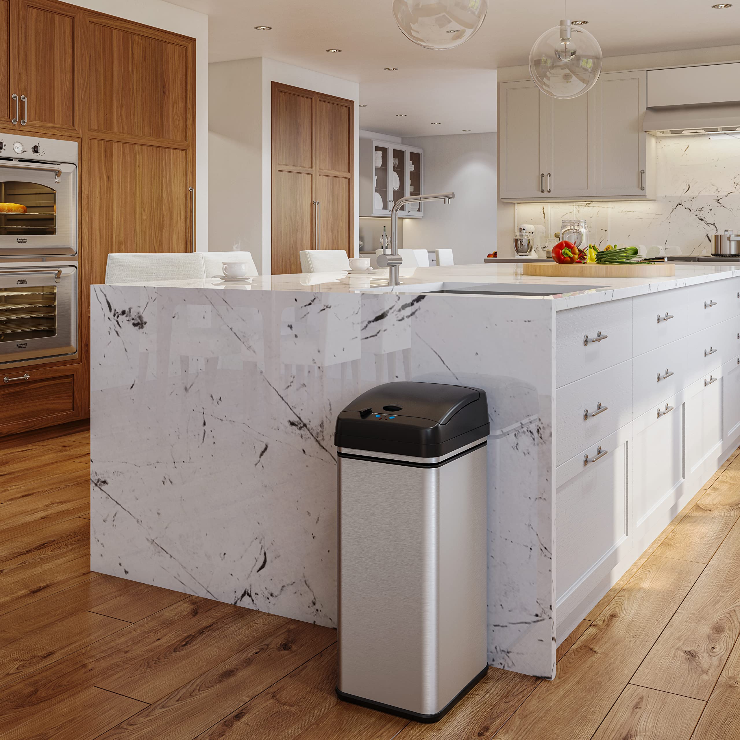 iTouchless Automatic Trash Can with AC Adapter and 3 Odor Filters, Big Lid Opening Touchless Sensor Kitchen Trash Bin, 13 Gallon, Stainless Steel