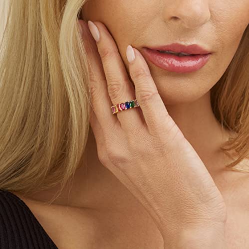 Barzel 18K Gold Plated Emerald-Cut Rainbow Multi Color Created-Gemstone Eternity Ring (Gold, 9)