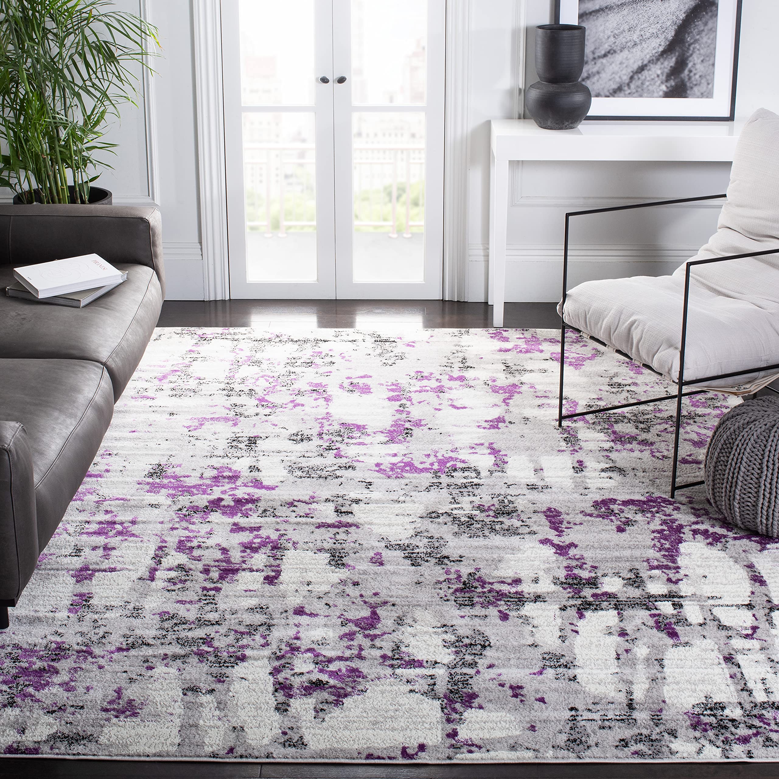 SAFAVIEH Skyler Collection Area Rug - 8' x 10', Grey & Purple, Modern Abstract Design, Non-Shedding & Easy Care, Ideal for High Traffic Areas in Living Room, Bedroom (SKY193R)