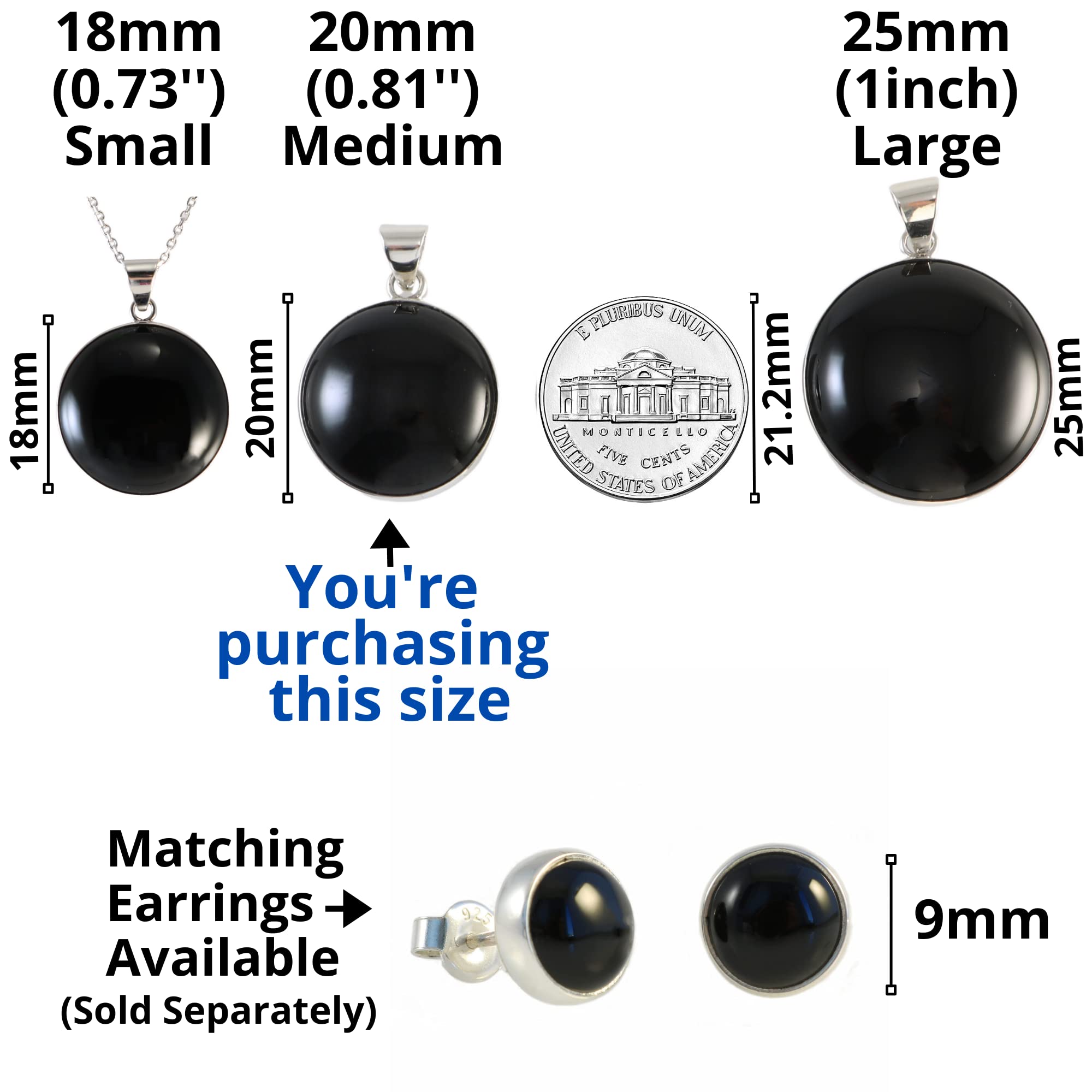 Echmeck Sterling Silver 925 Round Black Onyx 20mm Handmade Pendant Necklace with 16+2 inches Chain for Women
