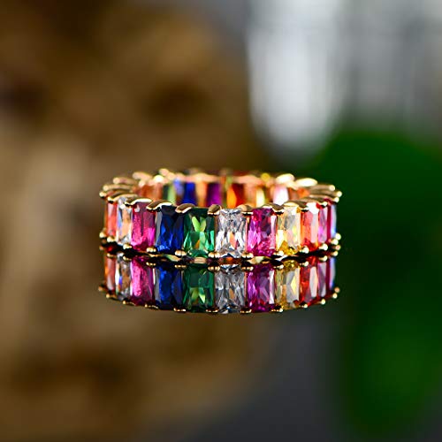 Barzel 18K Gold Plated Emerald-Cut Rainbow Multi Color Created-Gemstone Eternity Ring (Gold, 9)