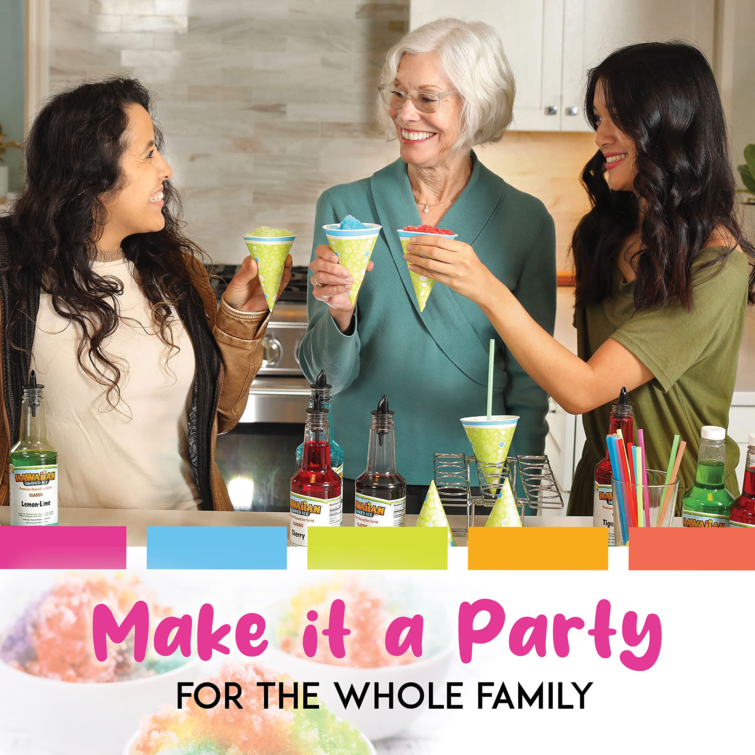 Hawaiian Shaved Ice Syrup Assortment with 10 - 16oz Bottles, 50 Snow Cone Cups, 50 Spoon Straws, and 10 Pouring Spouts. Flavors include: Tiger’s Blood, Pina Colada, Blue Raspberry, Cherry, Lemon-Lime