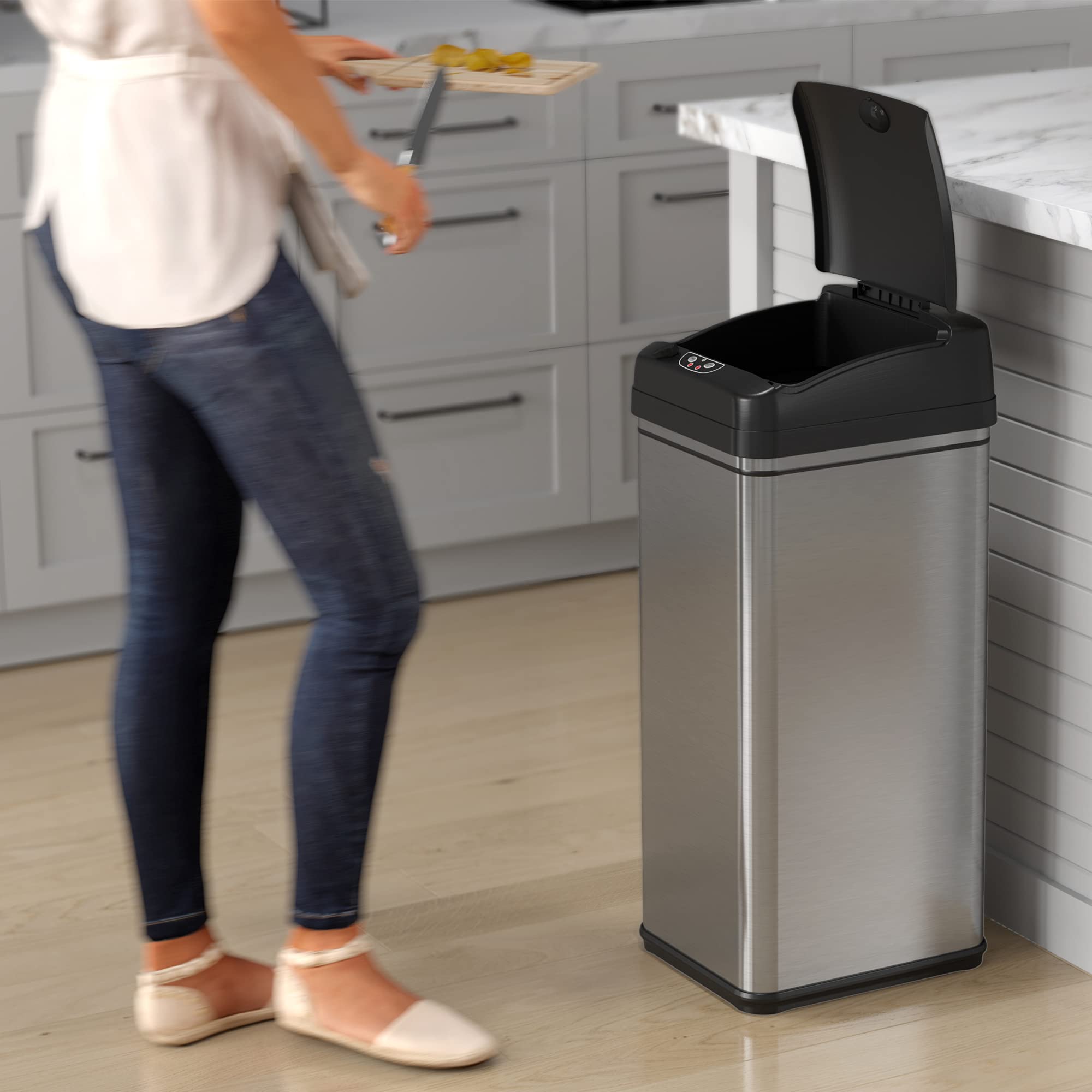 iTouchless Automatic Trash Can with AC Adapter and 3 Odor Filters, Big Lid Opening Touchless Sensor Kitchen Trash Bin, 13 Gallon, Stainless Steel