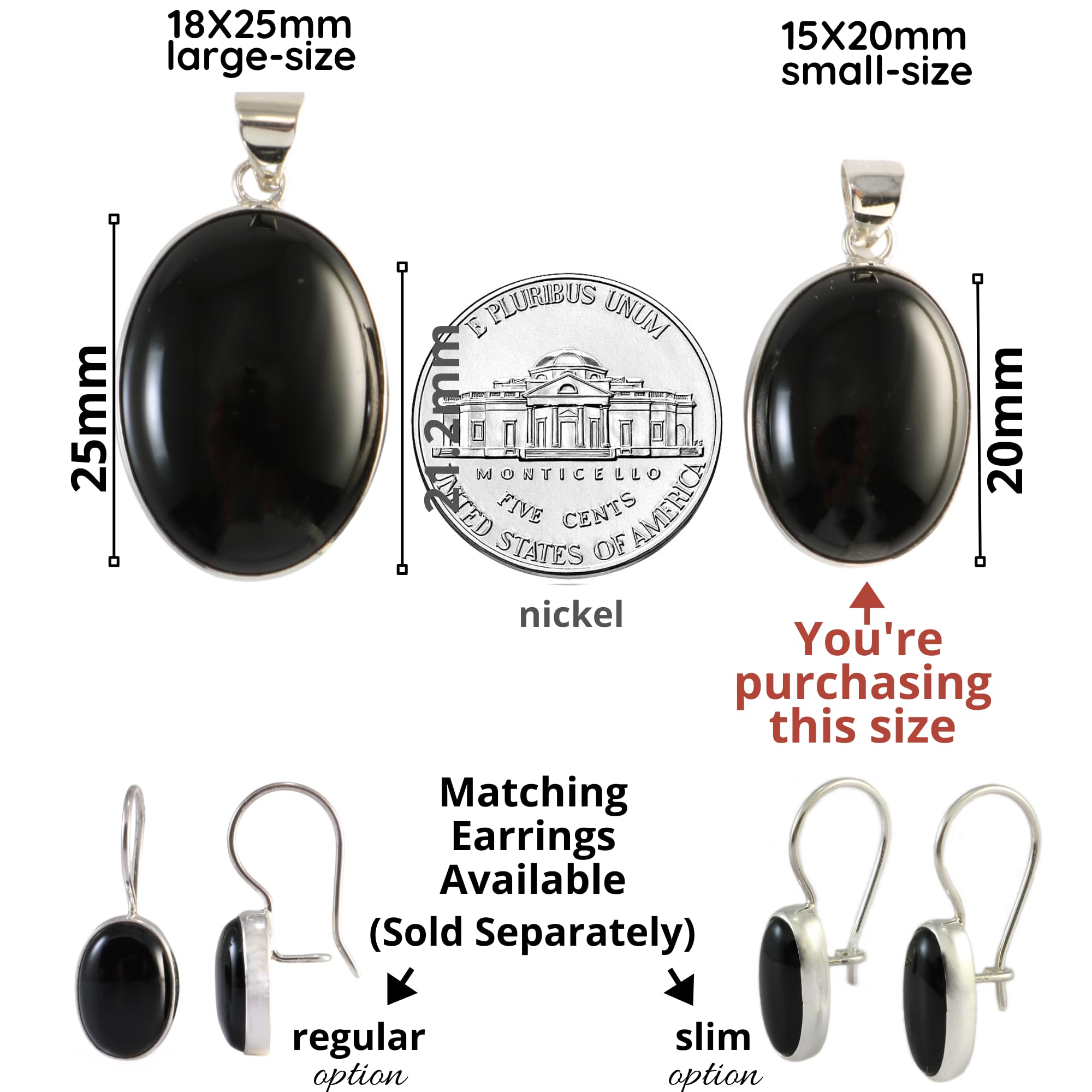 Sterling Silver Oval Black Onyx Small Pendant Necklace - Handmade 15x20mm Black Stone 16+2 inches Chain for Women