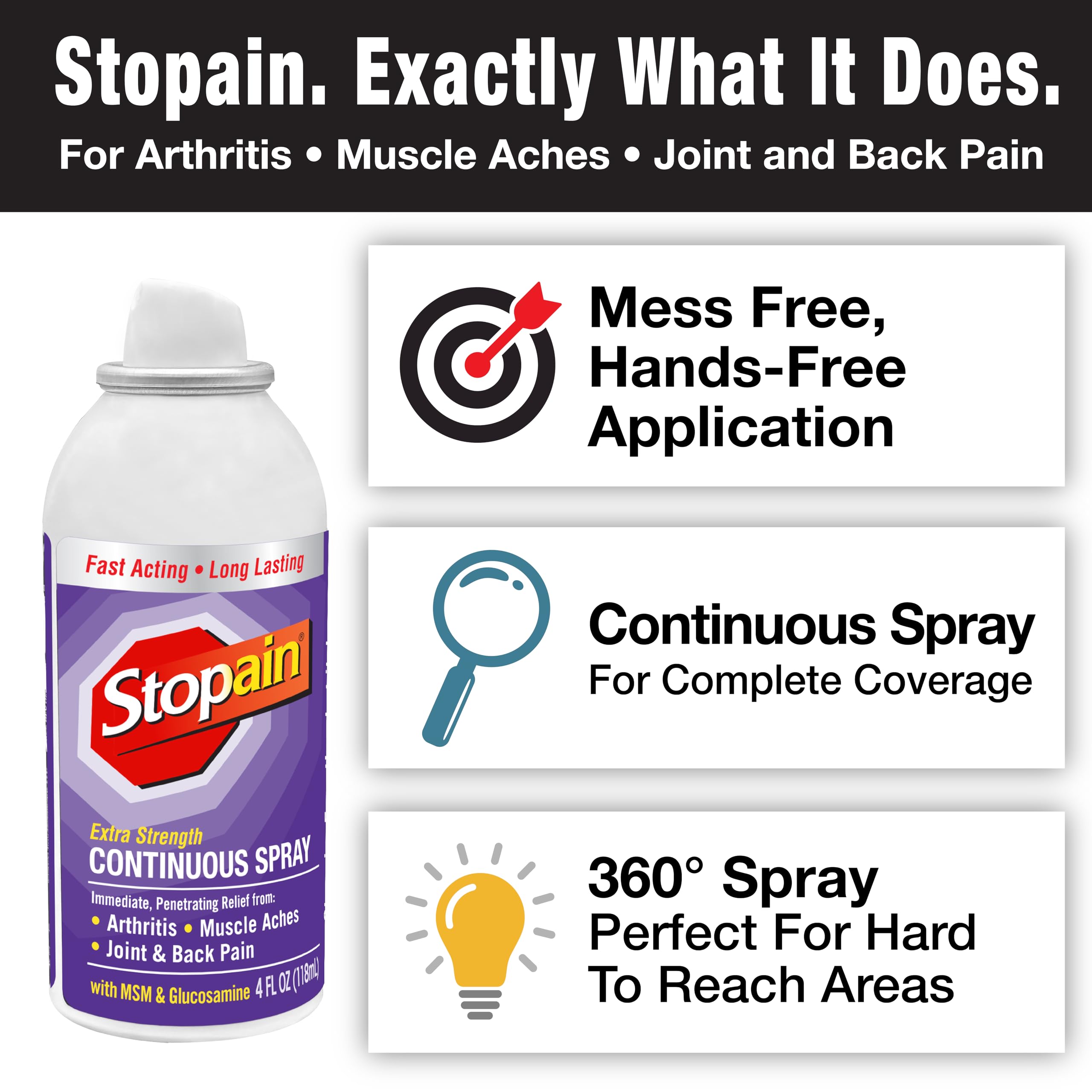 Stopain Pain Relief Spray 4oz, USA Made, Max Strength Fast Acting with Menthol, MSM, Glucosamine for Lower Back, Arthritis, Knee, Neck, Joints, HSA FSA Approved OTC Topical Analgesic Product