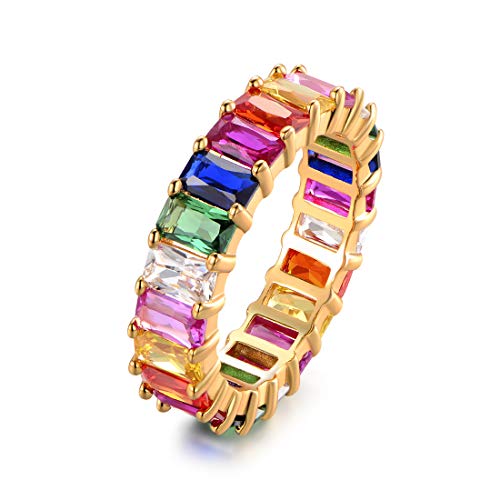 Barzel 18K Gold Plated Emerald-Cut Rainbow Multi Color Created-Gemstone Eternity Ring (Gold, 9)