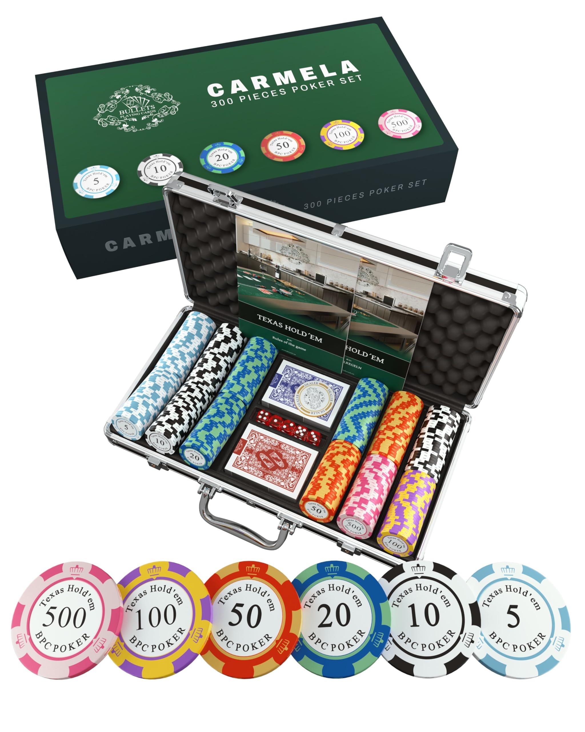 Bullets Poker Set with Designer Case Carmela – Deluxe Set, Chips and Cards, Rules Manual, Dealer Button and Bullets Plastic Playing Cards – Comes with a Case, 300 Clay Poker Chips.