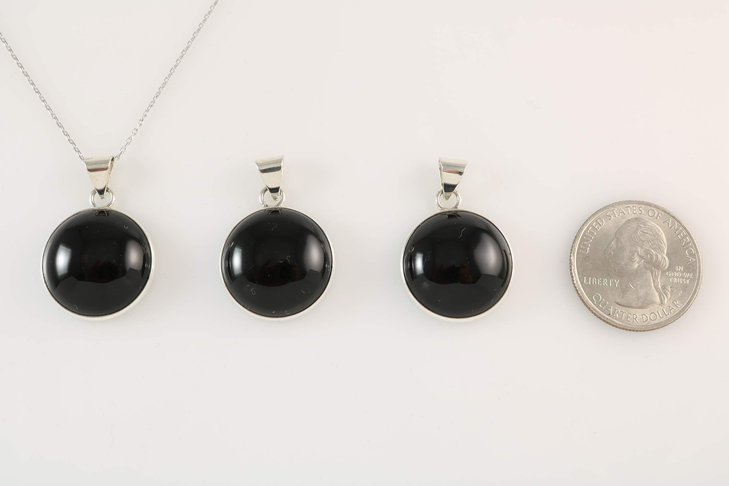 Echmeck Sterling Silver 925 Round Black Onyx 20mm Handmade Pendant Necklace with 16+2 inches Chain for Women