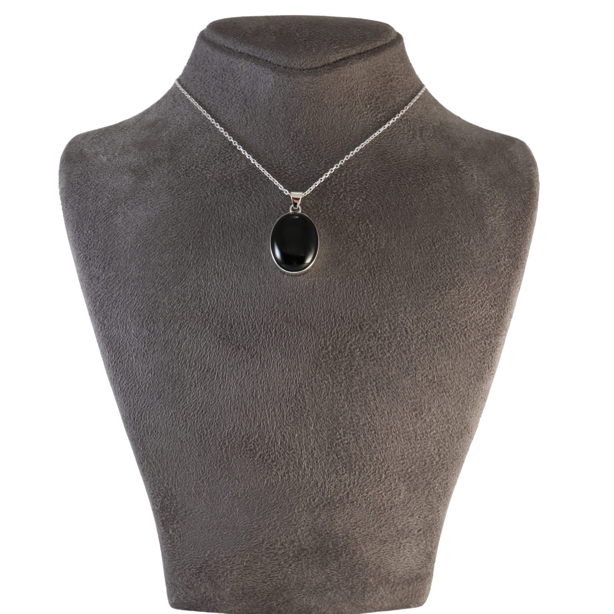 Sterling Silver Oval Black Onyx Small Pendant Necklace - Handmade 15x20mm Black Stone 16+2 inches Chain for Women