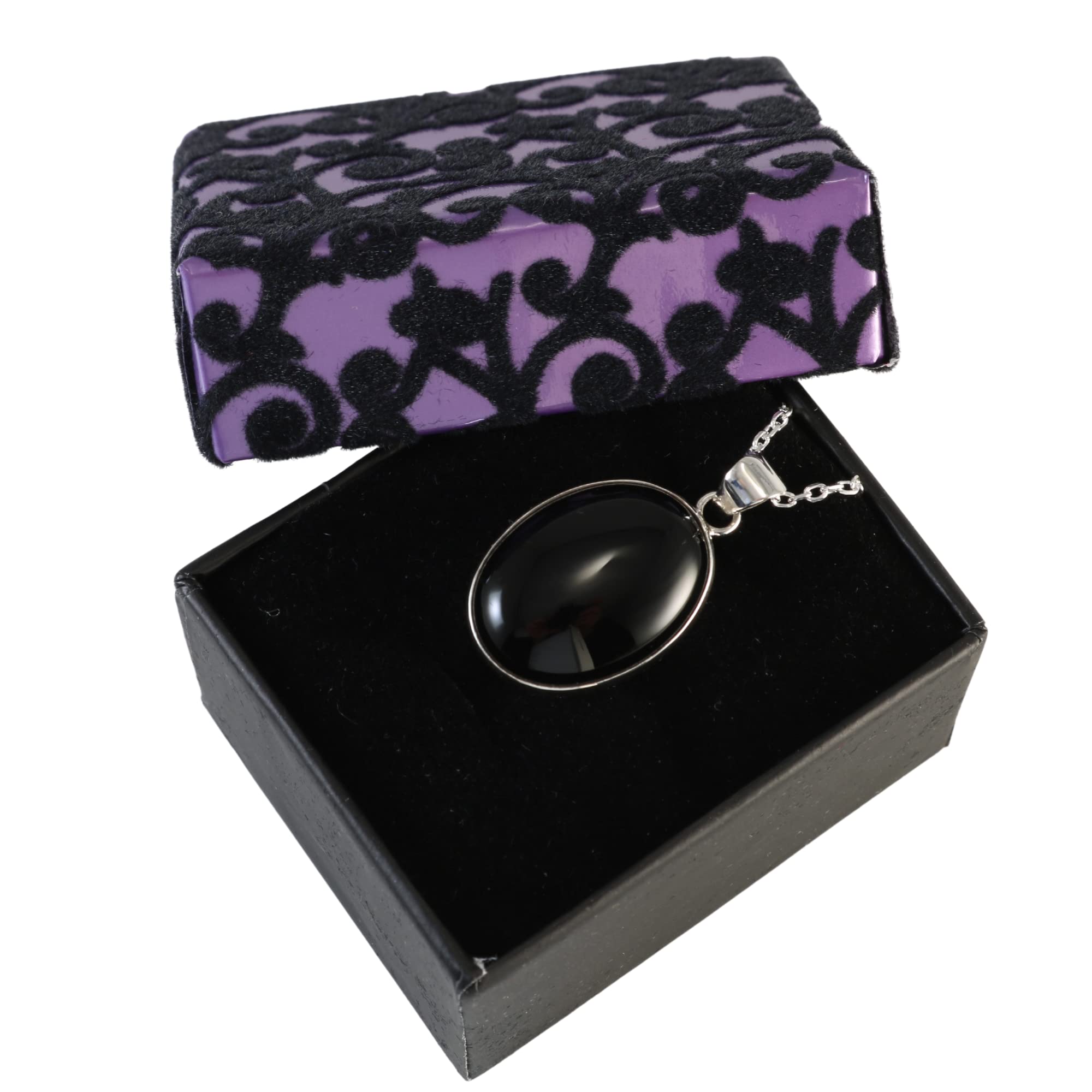 Sterling Silver Oval Black Onyx Small Pendant Necklace - Handmade 15x20mm Black Stone 16+2 inches Chain for Women