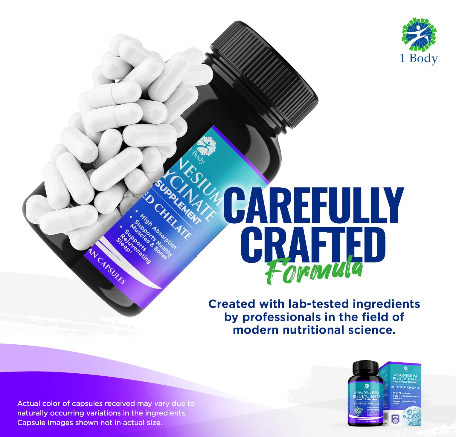 1 Body Magnesium Bisglycinate Supplement, 44 mg Pure Chelated Formula, 120 Capsules, Maximum Absorption, Muscle Cramp Relief