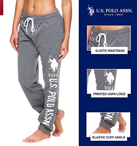 U.S. Polo Assn. Womens Sweatpants - Women Joggers Sweats with Logo Print - French Terry Poly-Cotton (Charcoal Heather with White Print, Medium)