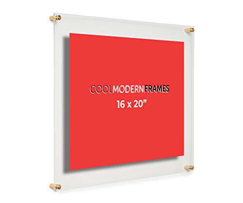 COOL MODERN FRAMES 16x20" Clear Double Panel Floating Acrylic Picture Frame Display with Gold Hardware for Displaying Art and Photos on Wall