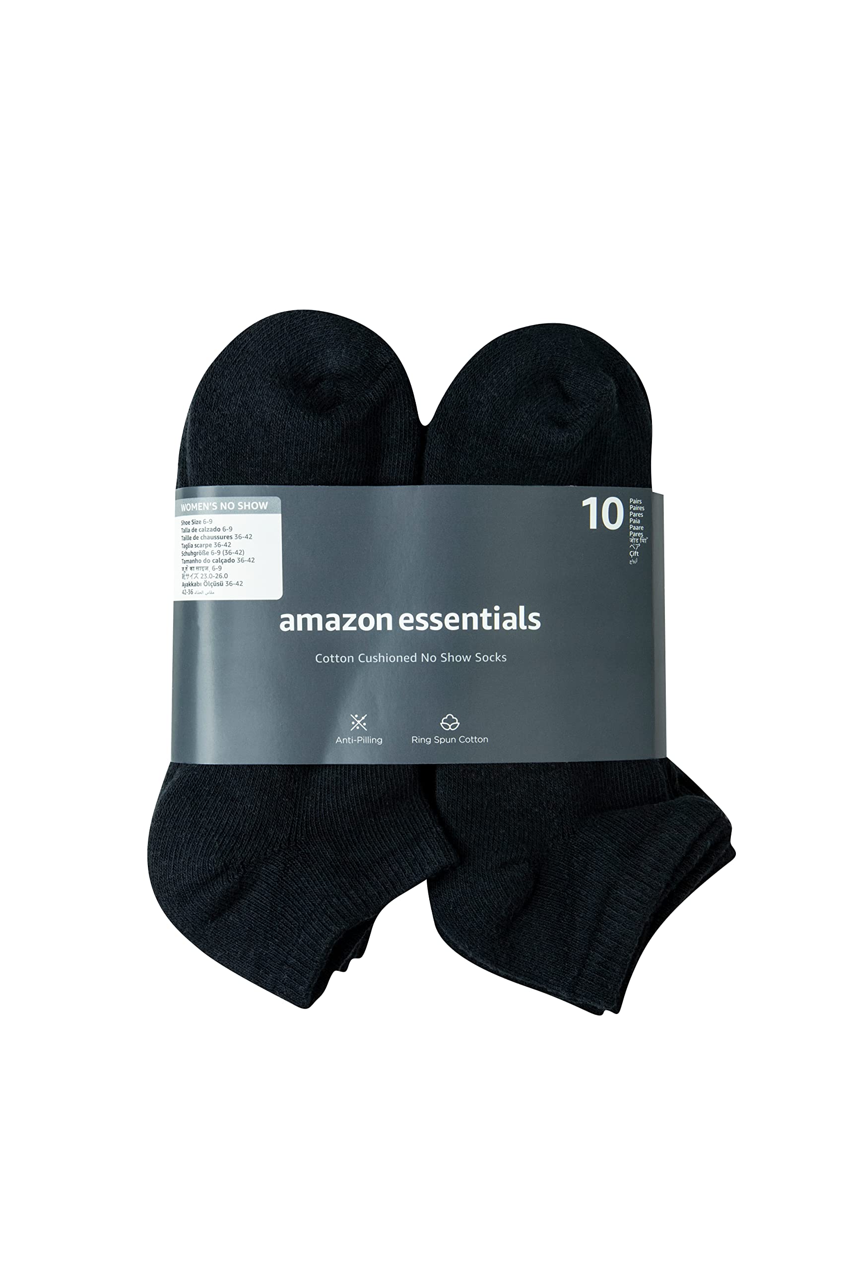 Amazon Essentials Women's Cotton No-Show Socks, Lightly Cushioned, 10 Pairs, Black, 6-9