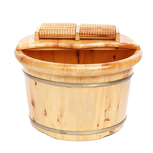 QUANMAKJ Wooden Foot Basin,Solid Wood Foot Tub, Pedicure Bowl Spa Massage Cedar Pedicure Barrels Household Foot Bath Barrel,with lid with Massager…