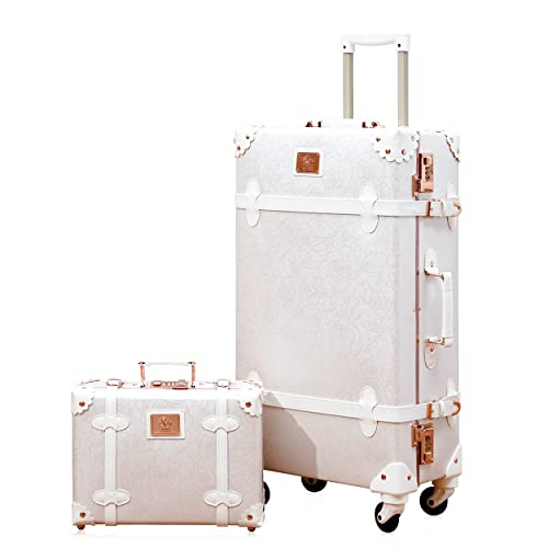 urecity Vintage Luggage Set, 2 Piece Retro Leather Suitcase for Women, Travel Luggage with Spinner Wheels and Beauty Case, Cute Designer Trunk Luggage (Rose White, 26"+12")