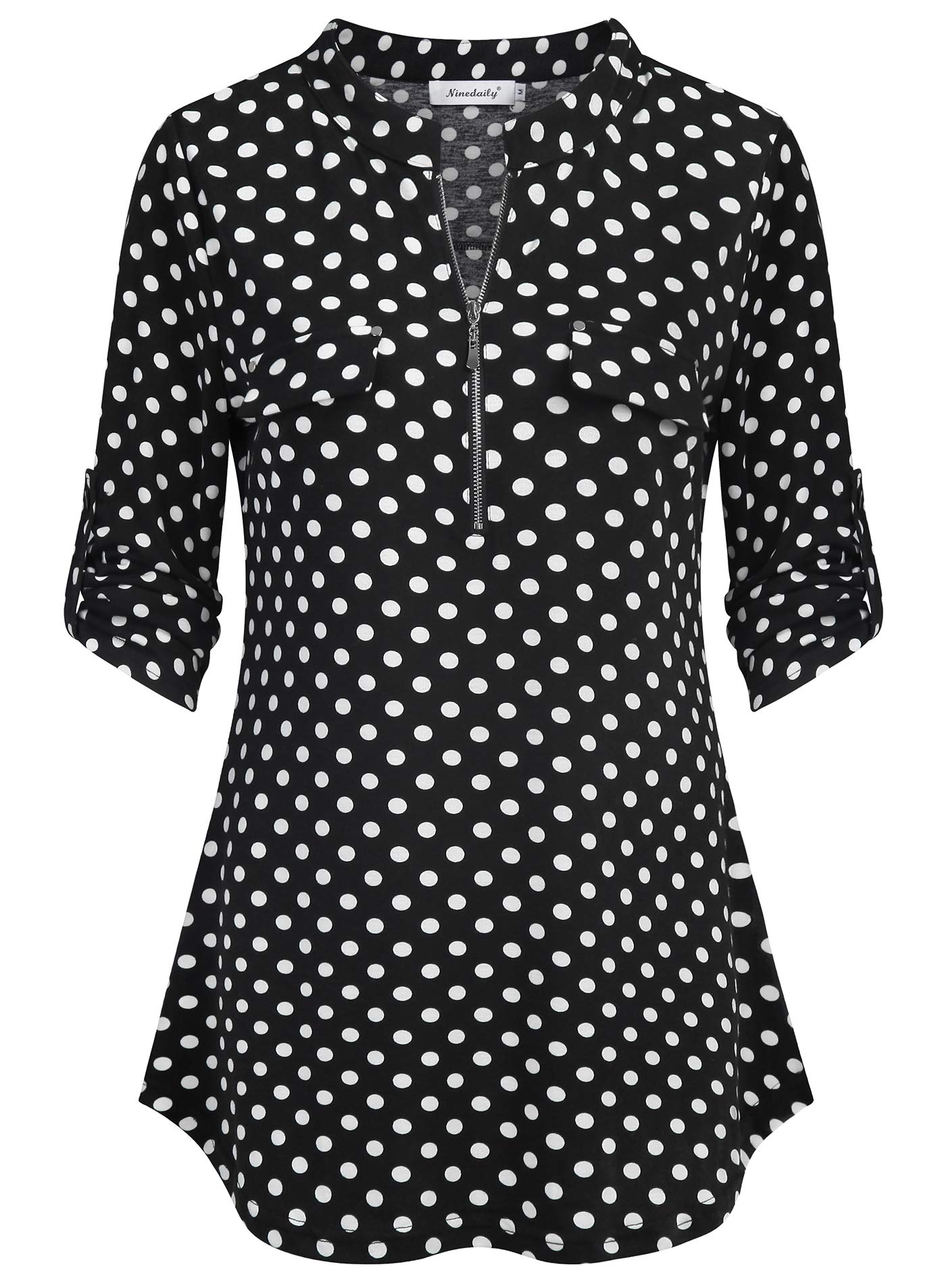 Ninedaily Black White Polka Dot Shirt, Blouses for Women Fashion 2024 Work Color Block Tops Layered Printed New Years Gift Christmas Spring Tee Romantic Dressy Tunics Slim Fit Pretty Size S
