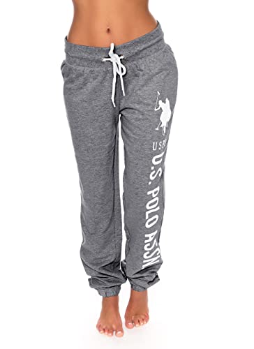 U.S. Polo Assn. Womens Sweatpants - Women Joggers Sweats with Logo Print - French Terry Poly-Cotton (Charcoal Heather with White Print, Medium)
