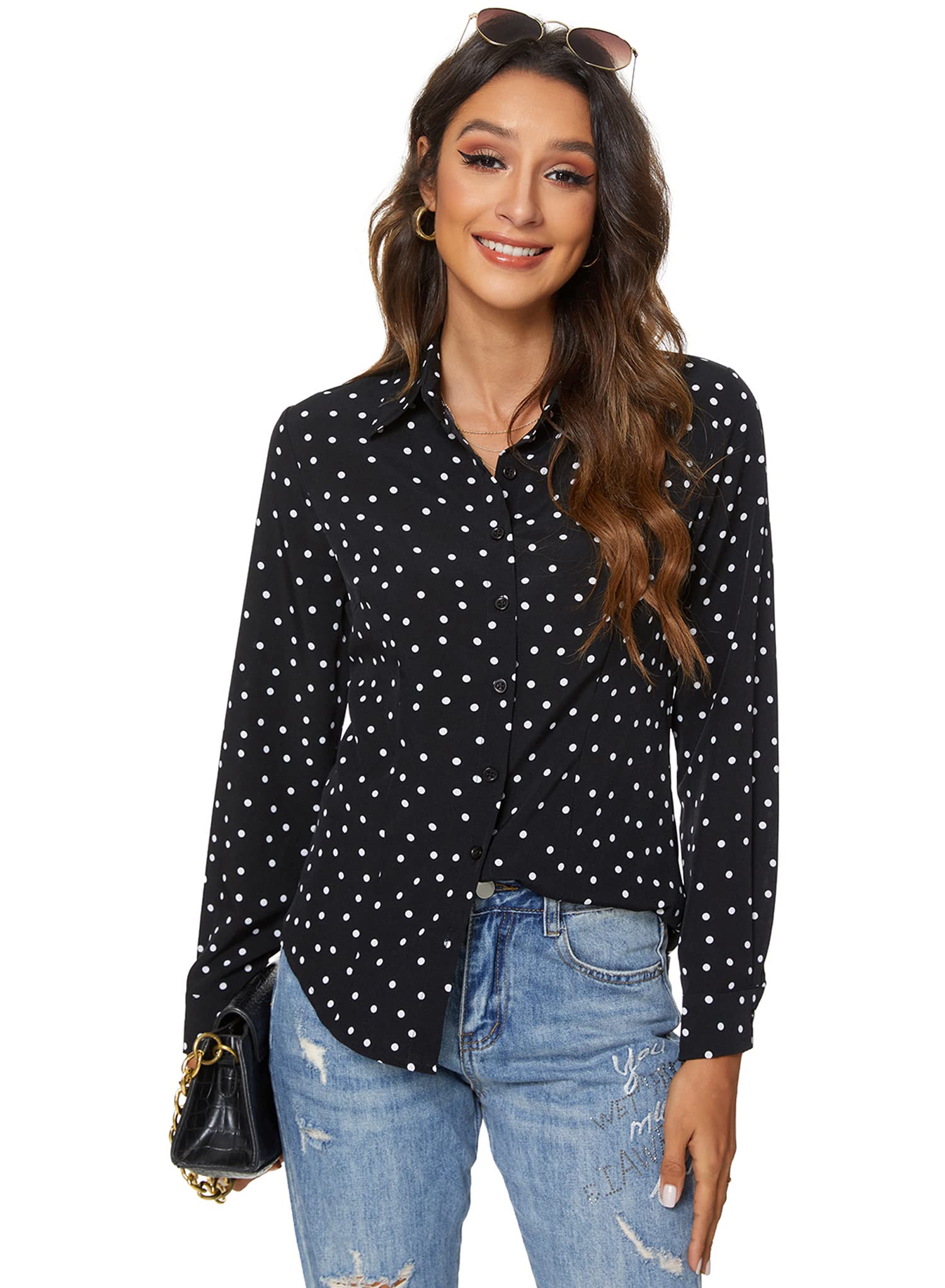 Atnlewhi Women Basic Long Sleeve Button Down Shirts Simple Pullover, Polka Dot/Black, L
