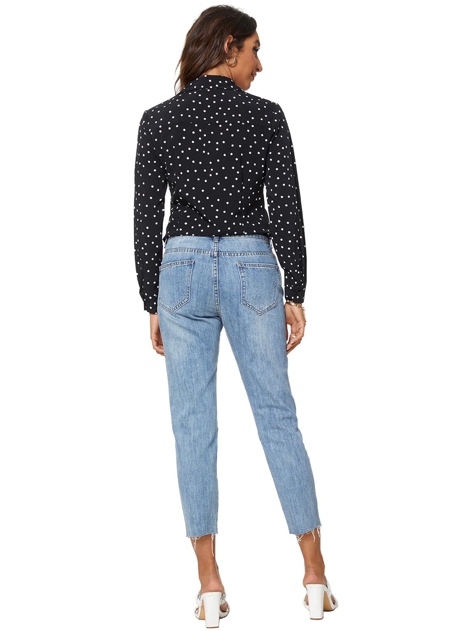 Atnlewhi Women Basic Long Sleeve Button Down Shirts Simple Pullover, Polka Dot/Black, L