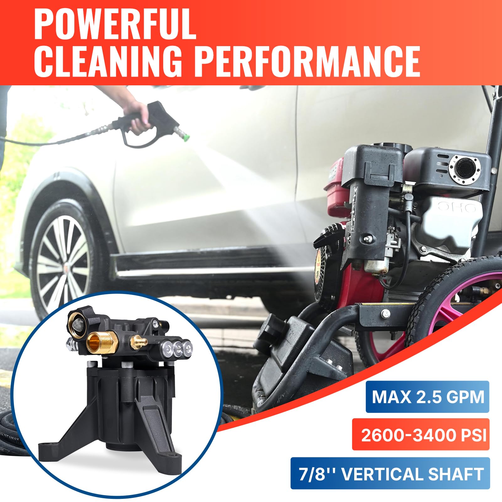YAMATIC Vertical Pressure Washer Pump Max 3400 PSI 2.5 GPM, 7/8" Shaft Replacement Pump for Power Washer, Compatible with Simpson, Honda, Ryobi, Craftsman, GCV190 Rear Inlet/Outlet