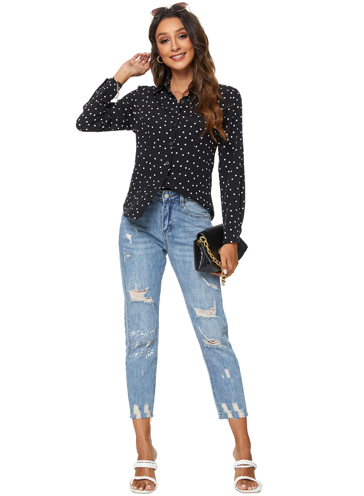 Atnlewhi Women Basic Long Sleeve Button Down Shirts Simple Pullover, Polka Dot/Black, L