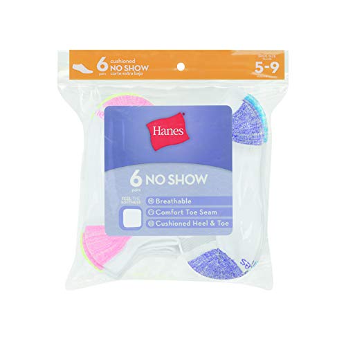 Hanes womens Plush Comfort Toe Seam No Show Socks, 6-pair Pack fashion liner socks, White With Color Heel & Toe, Shoe Size 5-9 US