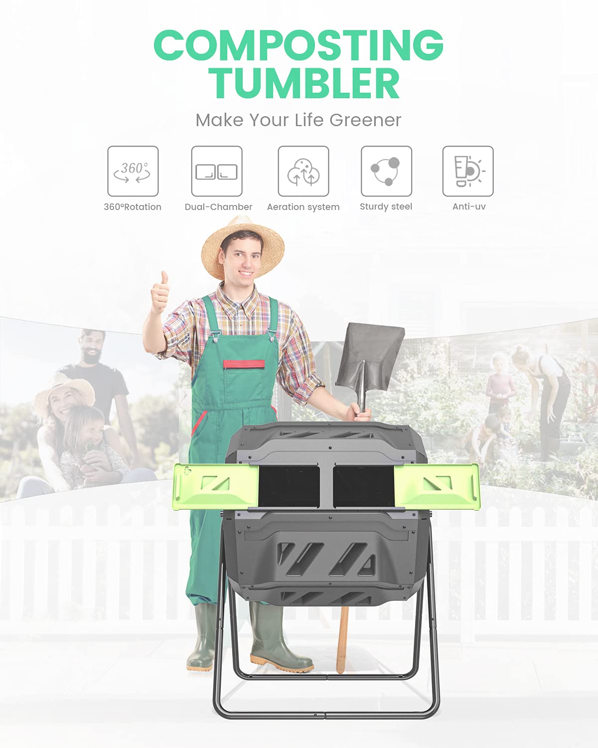 Garden Compost Bin from BPA Free Material, Dual Rotating Outdoor Composting Tumblers (43 Gallon,Green)