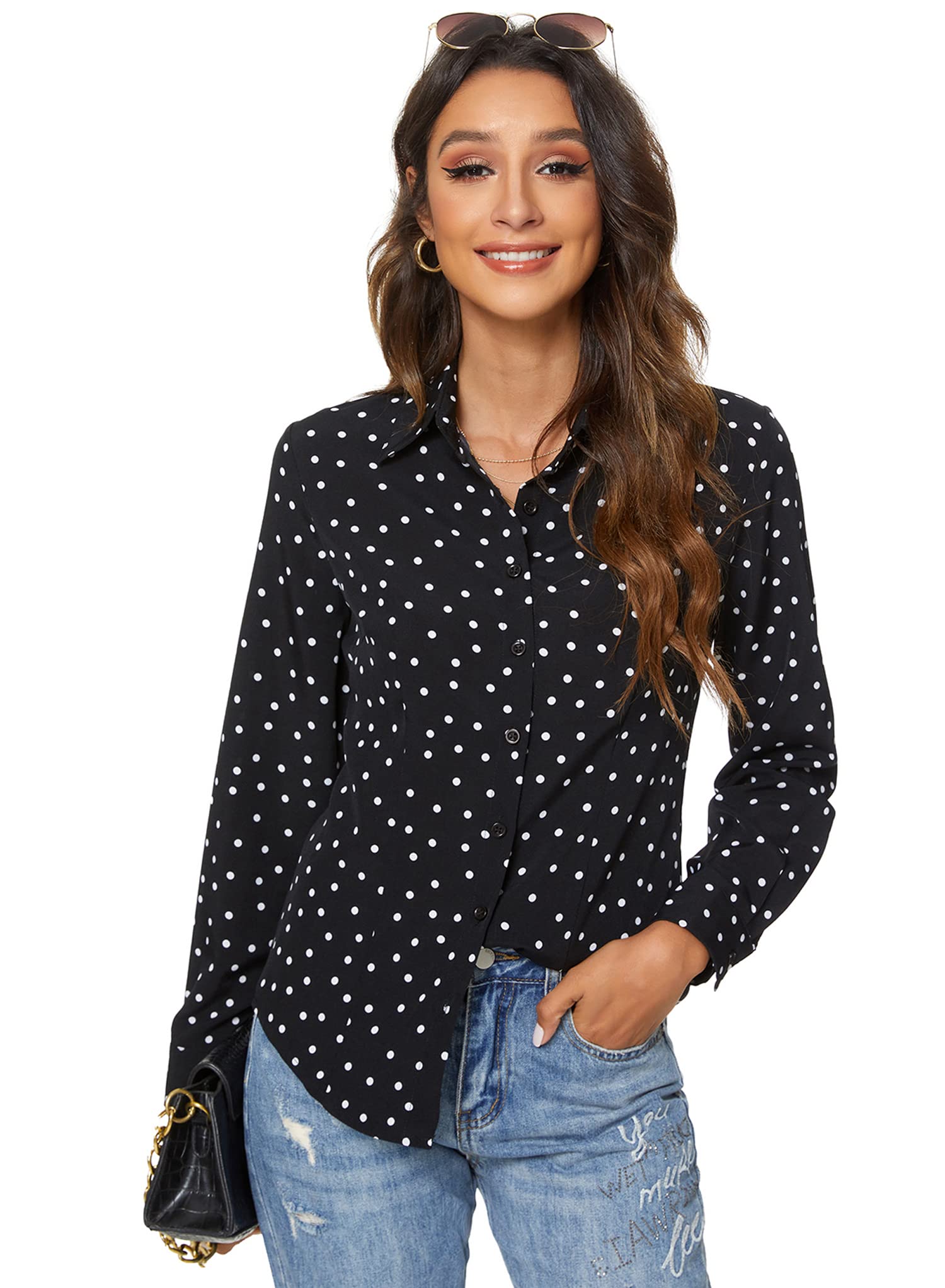 Atnlewhi Women Basic Long Sleeve Button Down Shirts Simple Pullover, Polka Dot/Black, L
