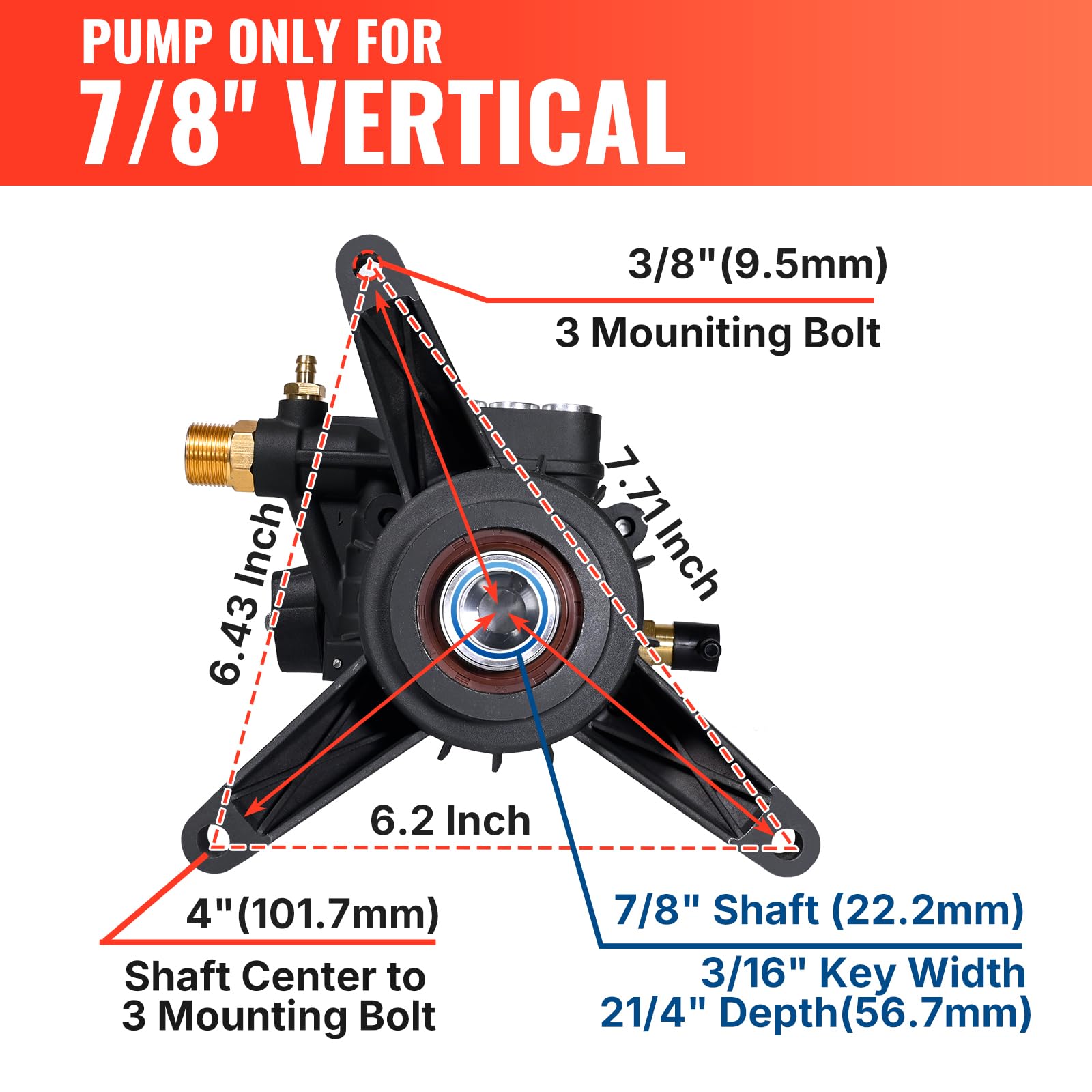 YAMATIC Vertical Pressure Washer Pump Max 3400 PSI 2.5 GPM, 7/8" Shaft Replacement Pump for Power Washer, Compatible with Simpson, Honda, Ryobi, Craftsman, GCV190 Rear Inlet/Outlet