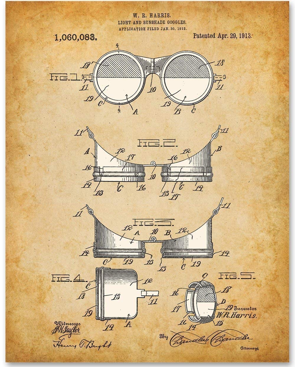 Steampunk Goggles Patent Print - Scientist Goggles Wall Decor, Vintage Eye Protection Art Print, Gift for Science Fiction Fans, 11x14 Unframed Patent Print