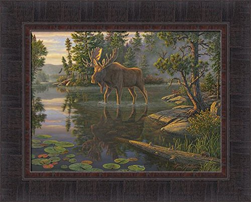 Home Cabin Décor 'King of The North' by Kim Norlien 17x21 Bull Moose Lake Island Eagle Pine Trees Framed Art Print Picture