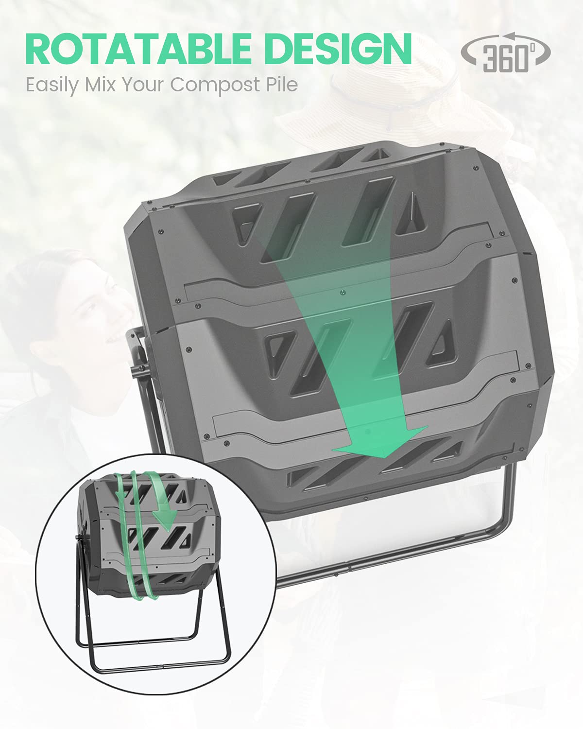 Garden Compost Bin from BPA Free Material, Dual Rotating Outdoor Composting Tumblers (43 Gallon,Green)