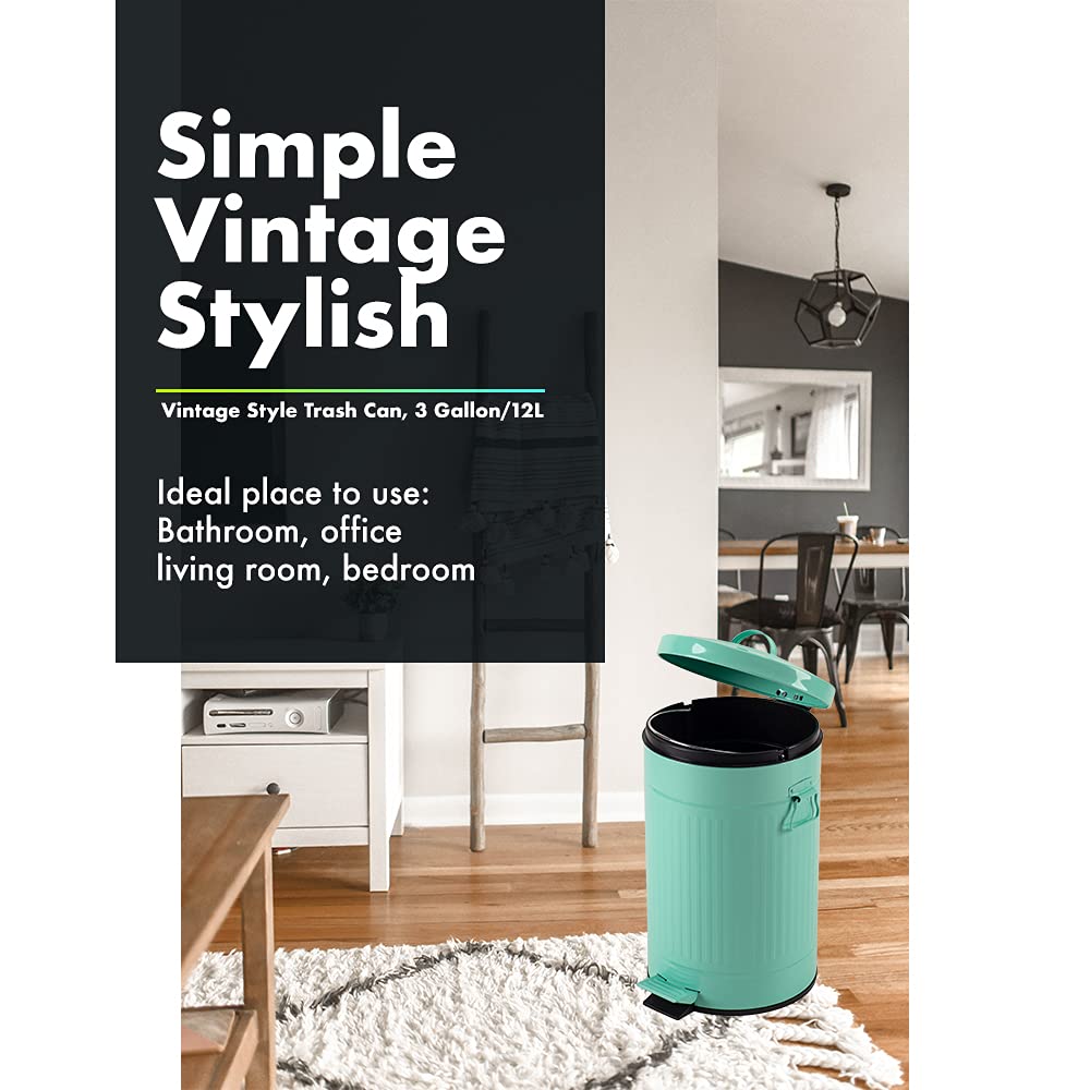 Mint Green Trash Can with Lid, Turquoise Bathroom Bedroom Waste Basket Soft Close, Small Teal Garbage Can, Retro Vintage Home Office Trash Can, 12 Liter/3 Gallon, Glossy Mint Green