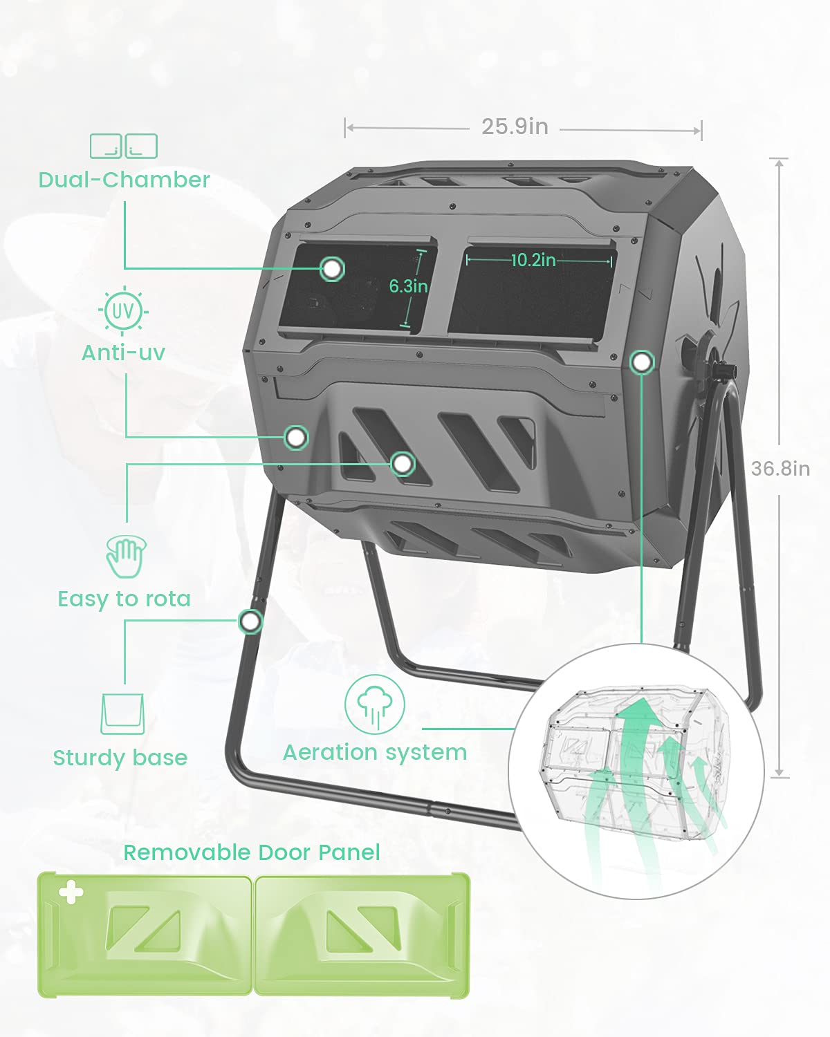 Garden Compost Bin from BPA Free Material, Dual Rotating Outdoor Composting Tumblers (43 Gallon,Green)