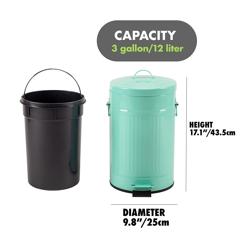 Mint Green Trash Can with Lid, Turquoise Bathroom Bedroom Waste Basket Soft Close, Small Teal Garbage Can, Retro Vintage Home Office Trash Can, 12 Liter/3 Gallon, Glossy Mint Green