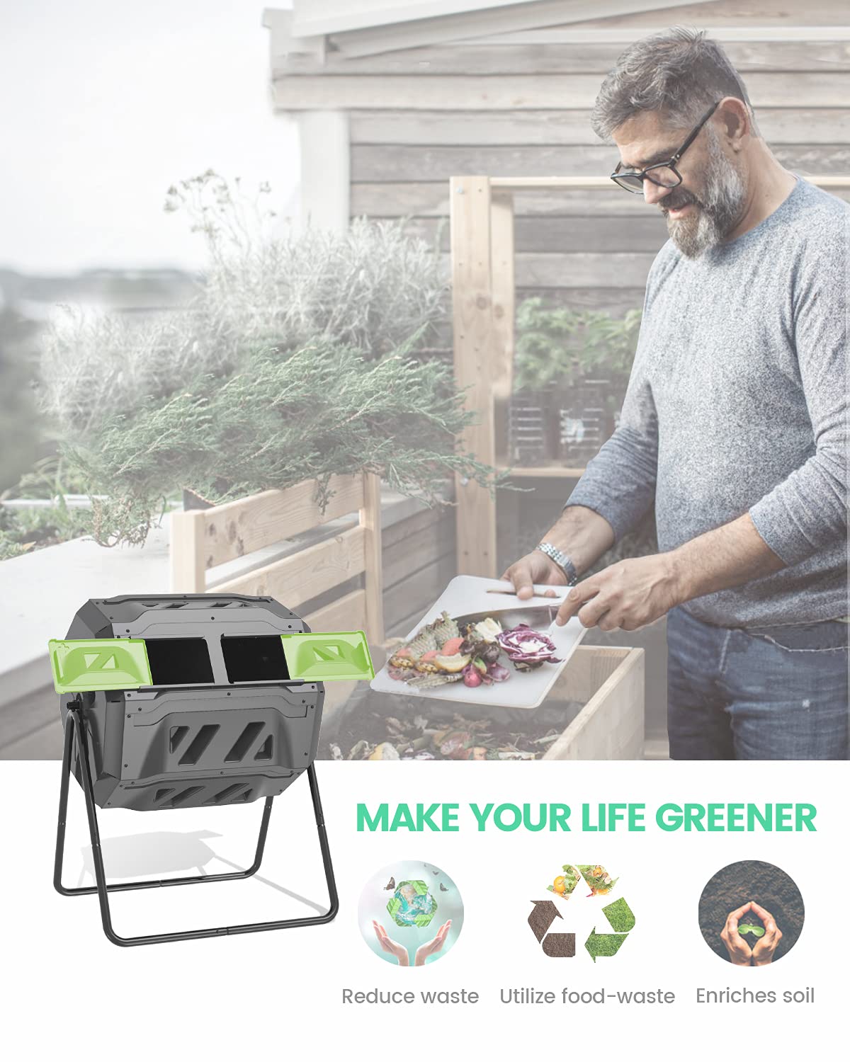 Garden Compost Bin from BPA Free Material, Dual Rotating Outdoor Composting Tumblers (43 Gallon,Green)