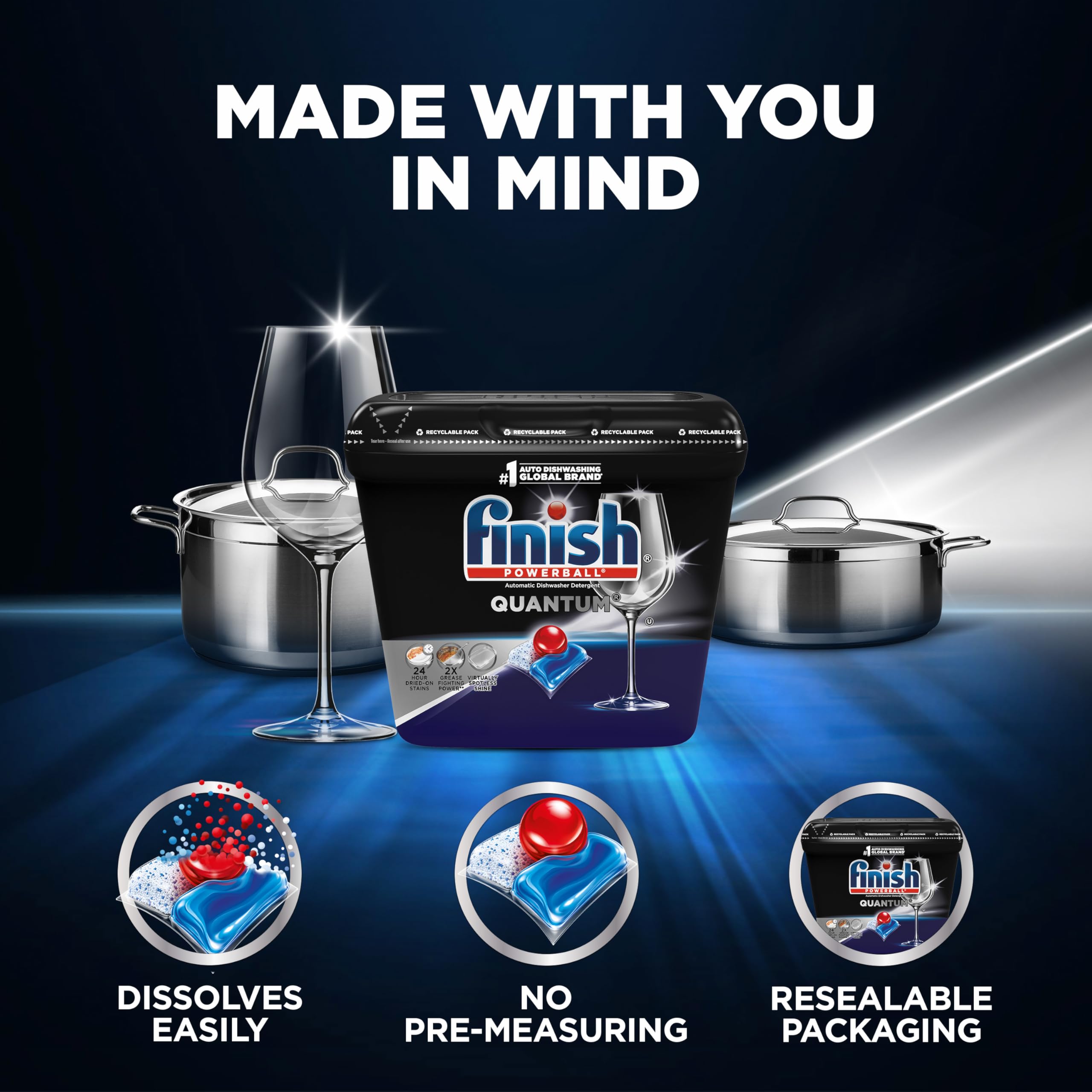 Finish Quantum Dishwasher Pods, No Pre-Rinse Dishwasher Detergent Soap Removes 24HR Dried-On Stain and Grease, Leaving a Virtually Spotless Shine, 82 Count