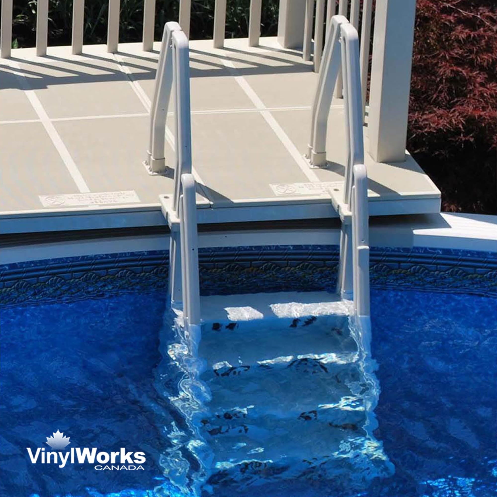 Vinyl Works Deluxe Versatile Adjustable 32 Inch in-Pool Step Ladder Entry System with Double Handrail for Above Ground Swimming Pools, White