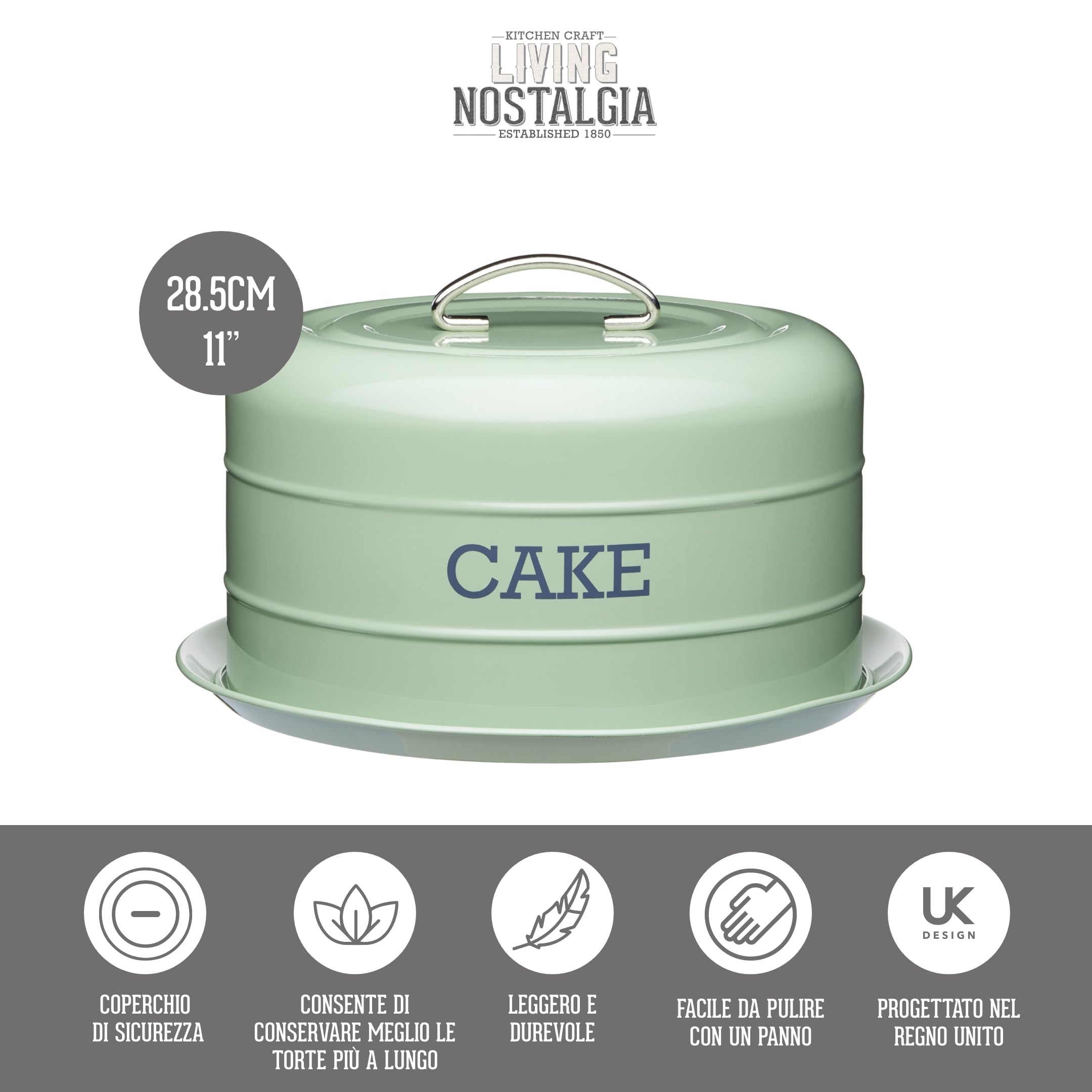 Kitchen Craft Living Nostalgia Airtight Cake Storage Tin/Cake Dome, 28.5 x 18 cm, English Sage Green