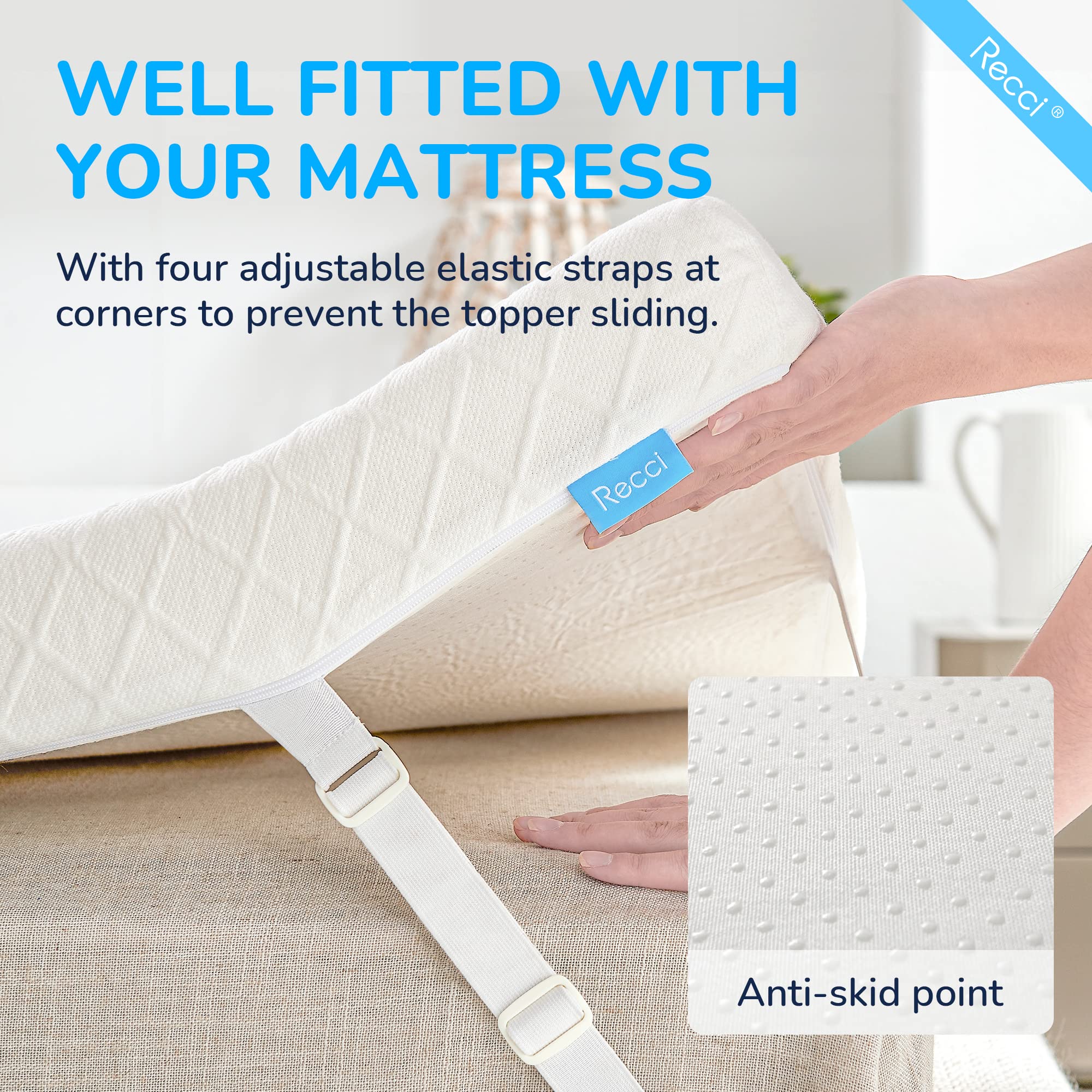 RECCI 3 Inch Full Mattress Topper - Pressure-Relieving, CertiPUR-US Certified, Removable & Washable Cover, Durable & Multi-Use