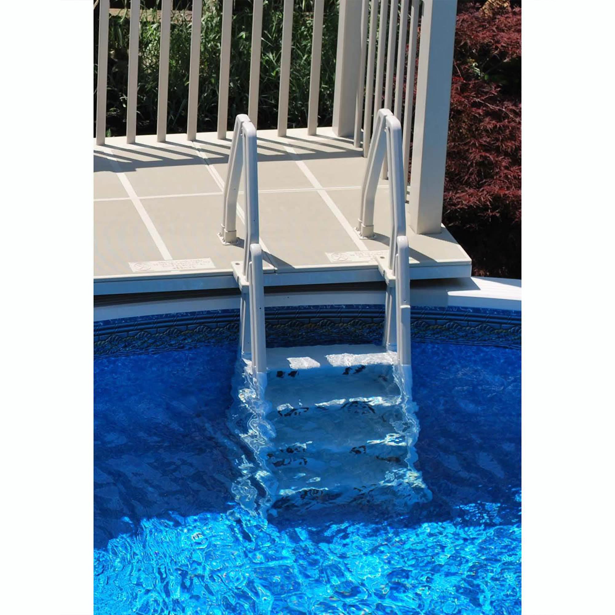 Vinyl Works Deluxe Versatile Adjustable 32 Inch in-Pool Step Ladder Entry System with Double Handrail for Above Ground Swimming Pools, White
