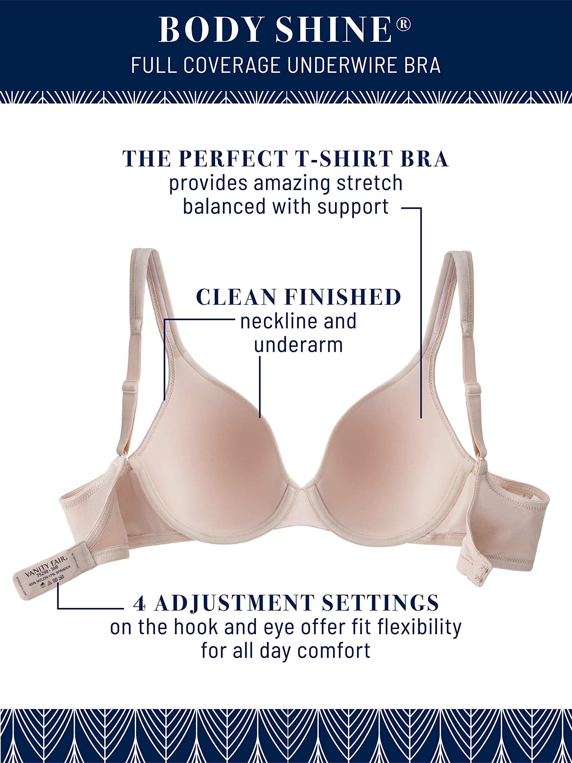 Vanity Fair Women's Perfect T-Shirt Bra, Body Shine Full Coverage, Lightly Lined Cups up to DD, Underwire-White, 36C
