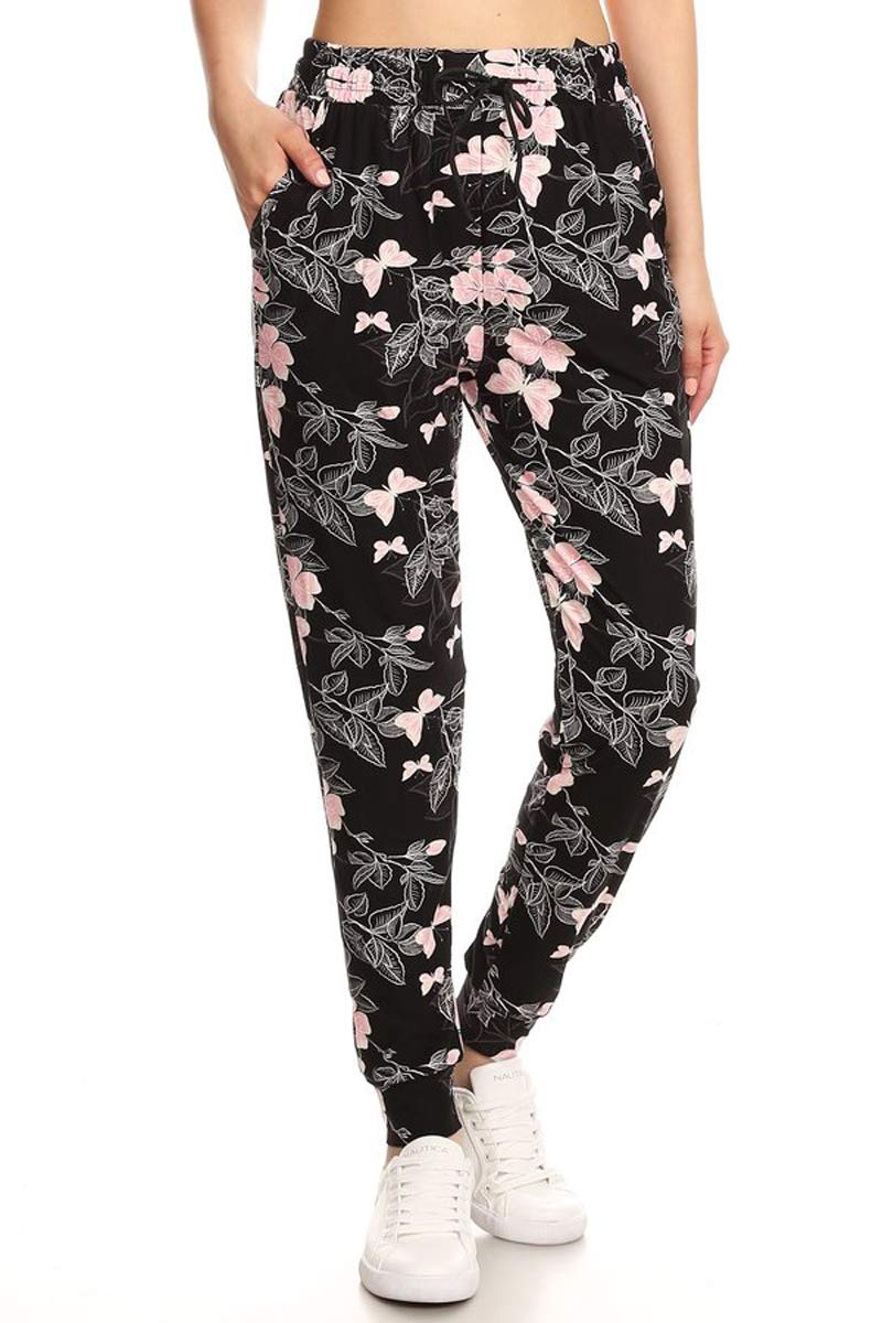 Leggings Depot Women's Relaxed fit Jogger Pants - Track Cuff Sweatpants with Pockets-R560, Medium, Pink Butterflies