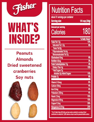 Fisher Snack Hunger Fighter Trail Mix, 38 Ounces, Peanuts, Almonds, Dried Sweetened Cranberries, Soy Nuts
