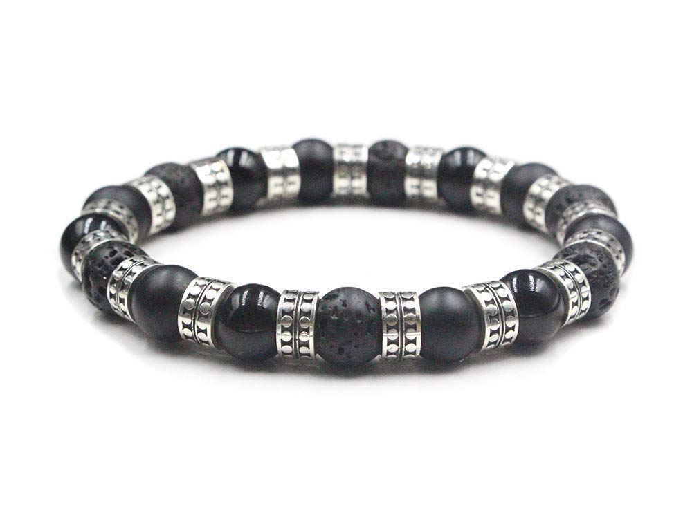 Mixed Black Stone and Sterling Silver Bracelet, Lava Stone, Matte Black, Polished Onyx, Bracelet for Men, Quality Beaded Jewelry