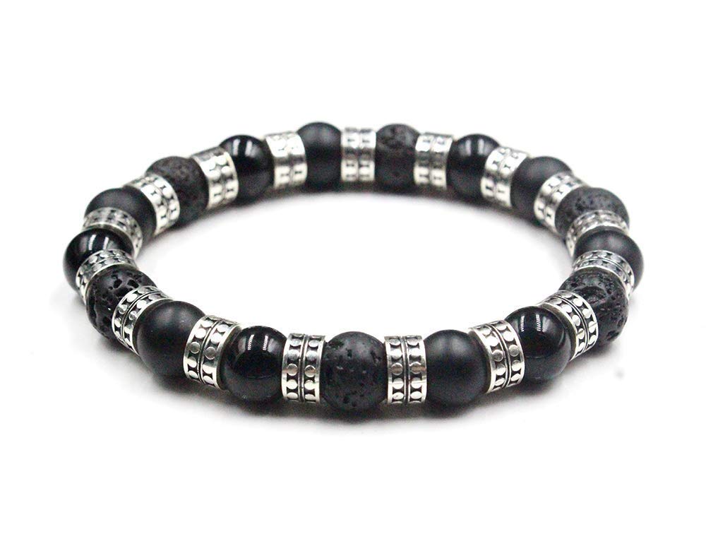 Mixed Black Stone and Sterling Silver Bracelet, Lava Stone, Matte Black, Polished Onyx, Bracelet for Men, Quality Beaded Jewelry