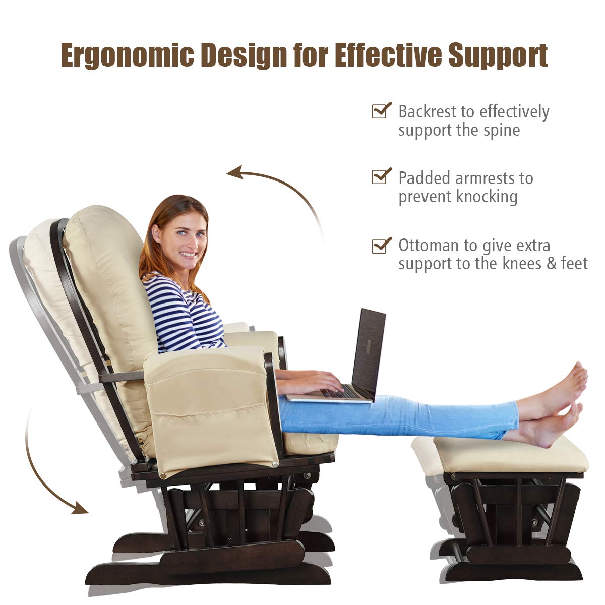 Costzon Nursery Glider with Ottoman, Upholstered Comfort Glider Rocker with Padded Cushion, Storage Pocket, Solid Wood Base, Rocking Chair Nursery for Breastfeeding, Maternity, Napping (Beige)
