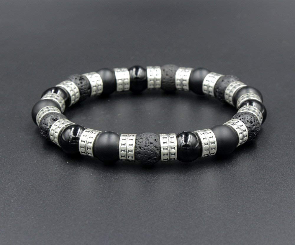 Mixed Black Stone and Sterling Silver Bracelet, Lava Stone, Matte Black, Polished Onyx, Bracelet for Men, Quality Beaded Jewelry